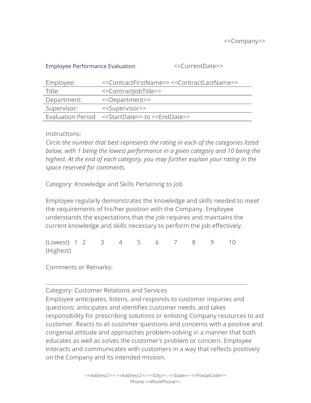 Employee Performance Evaluation Form Downloadable Template